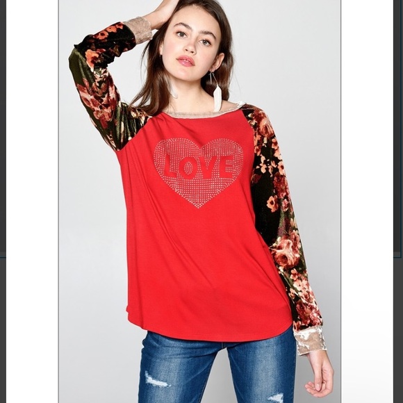 Tops | New Red Love Print Floral Sleeve Top | Poshmark